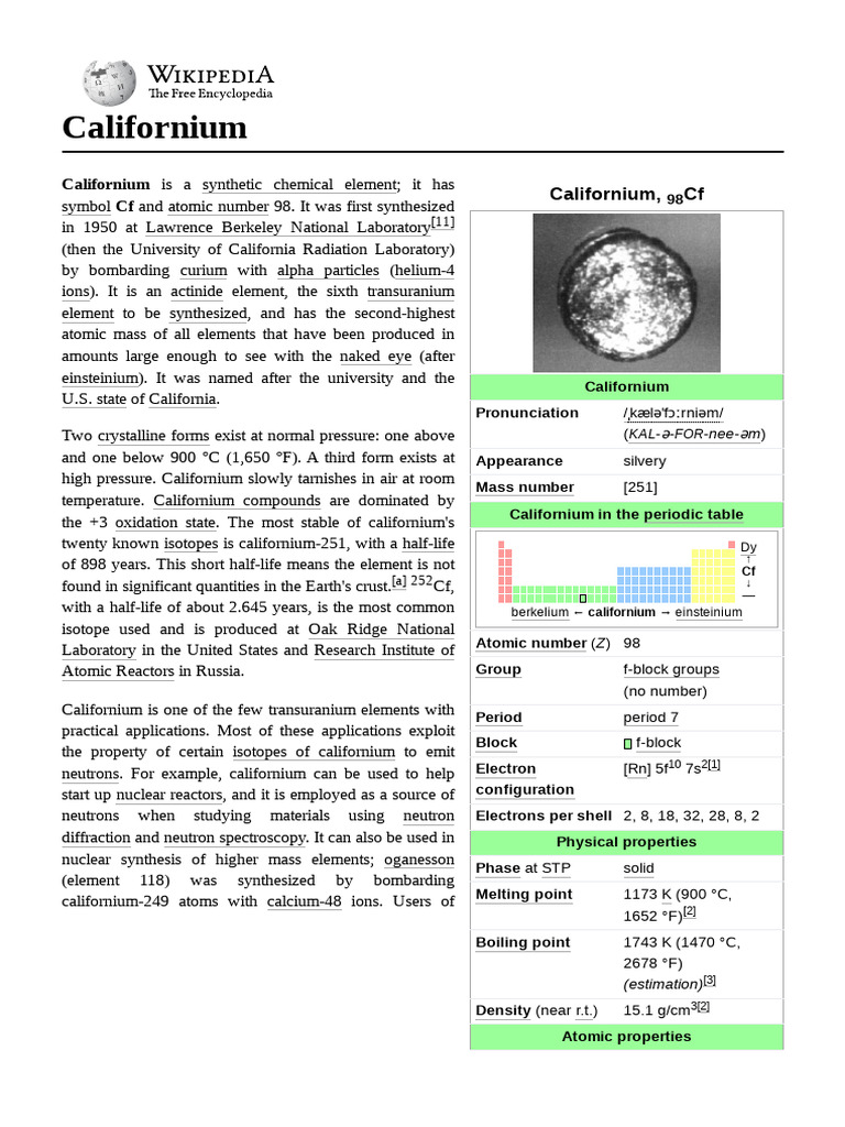 Californium | PDF | Atoms | Chemical Elements