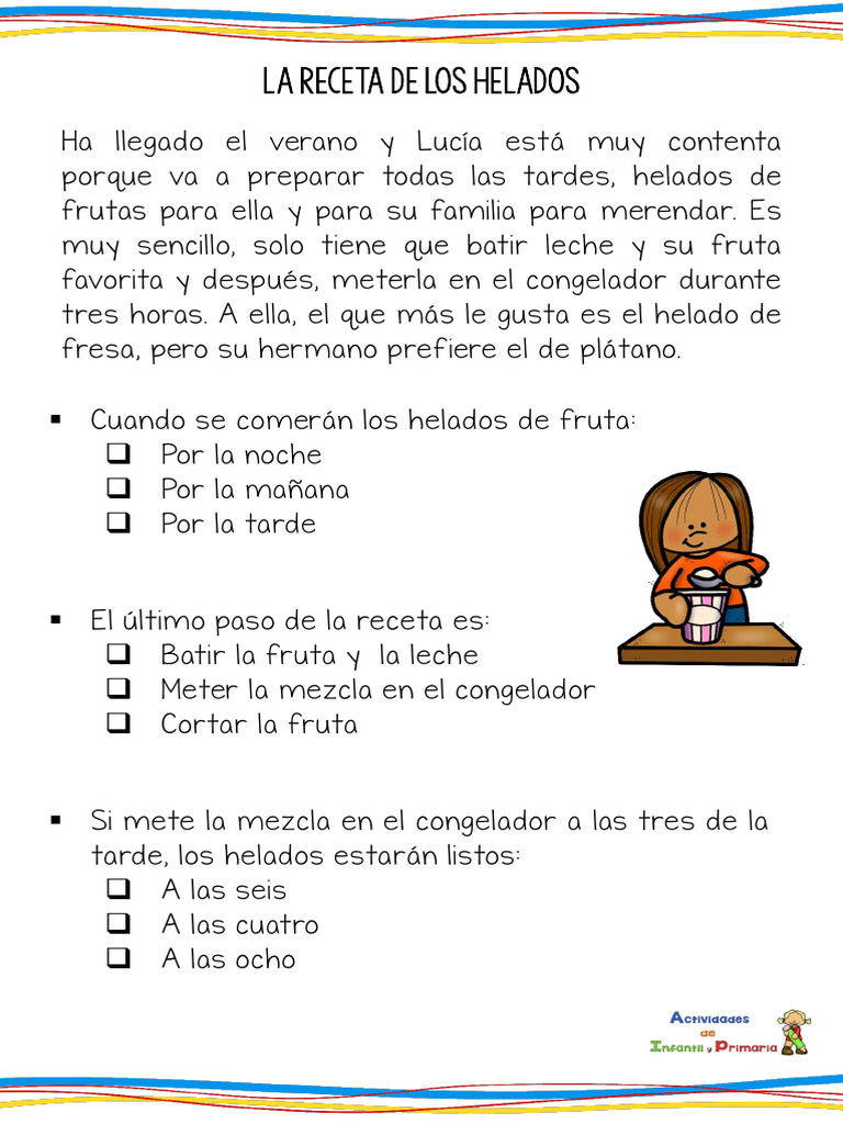 Mini Lecturas de Verano Con Preguntas | PDF | Helado | Derechos de autor