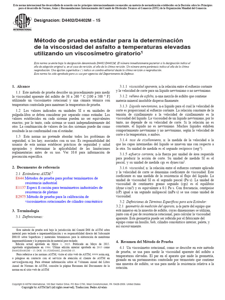 ASTM D4402 15 Brookfield Español | PDF | Viscosidad | Líquidos