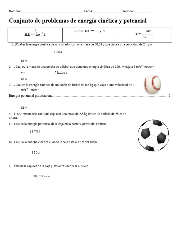 Hoja de Trabajo-Energía Potencial Cinética 2-Respuestas | PDF | Energía ...