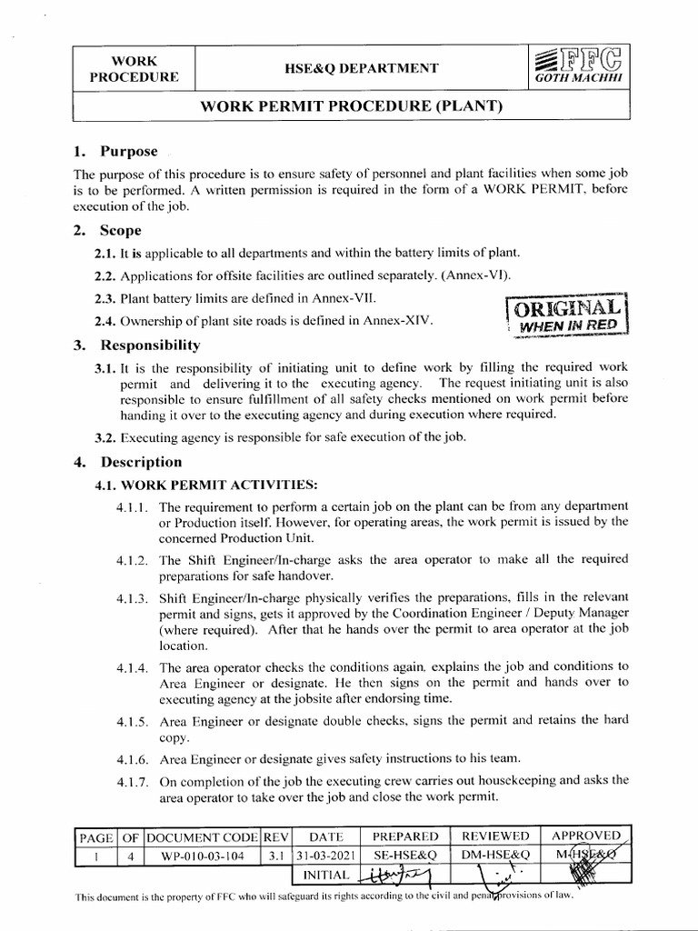 WP 010 104 Work Permit Procedure (Plant) | Download Free PDF | Electrical Substation | Electrician