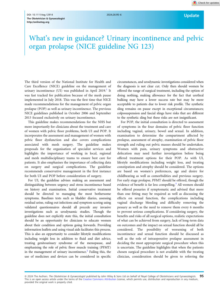 What S New in Guidance - Urinary Incontinence and Pelvic Organ Prolapse ...