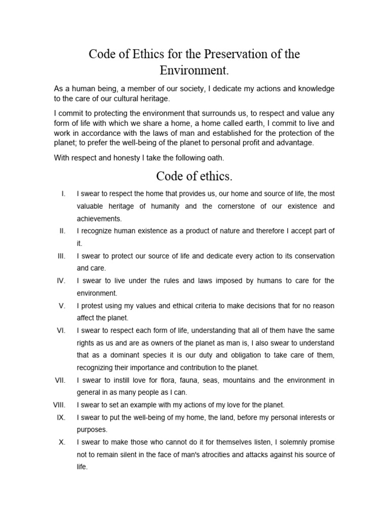 Code of Ethics For The Preservation of The Environment | PDF | Science ...