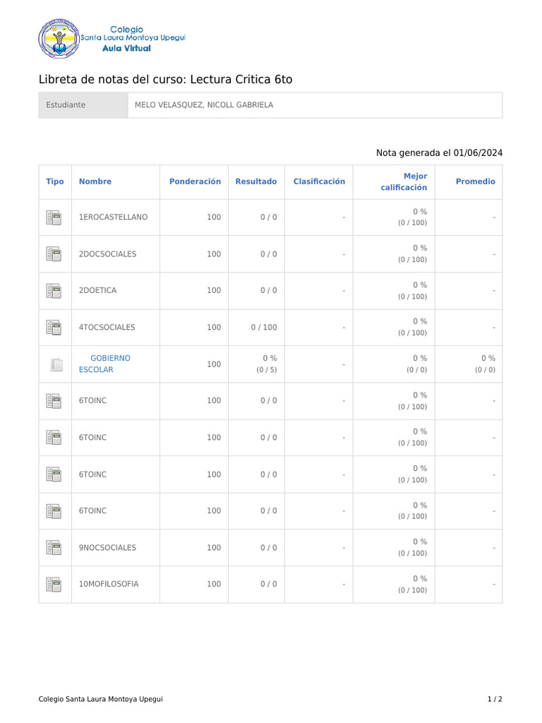 Libreta de Notas Del Curso: Lectura Critica 6to | PDF