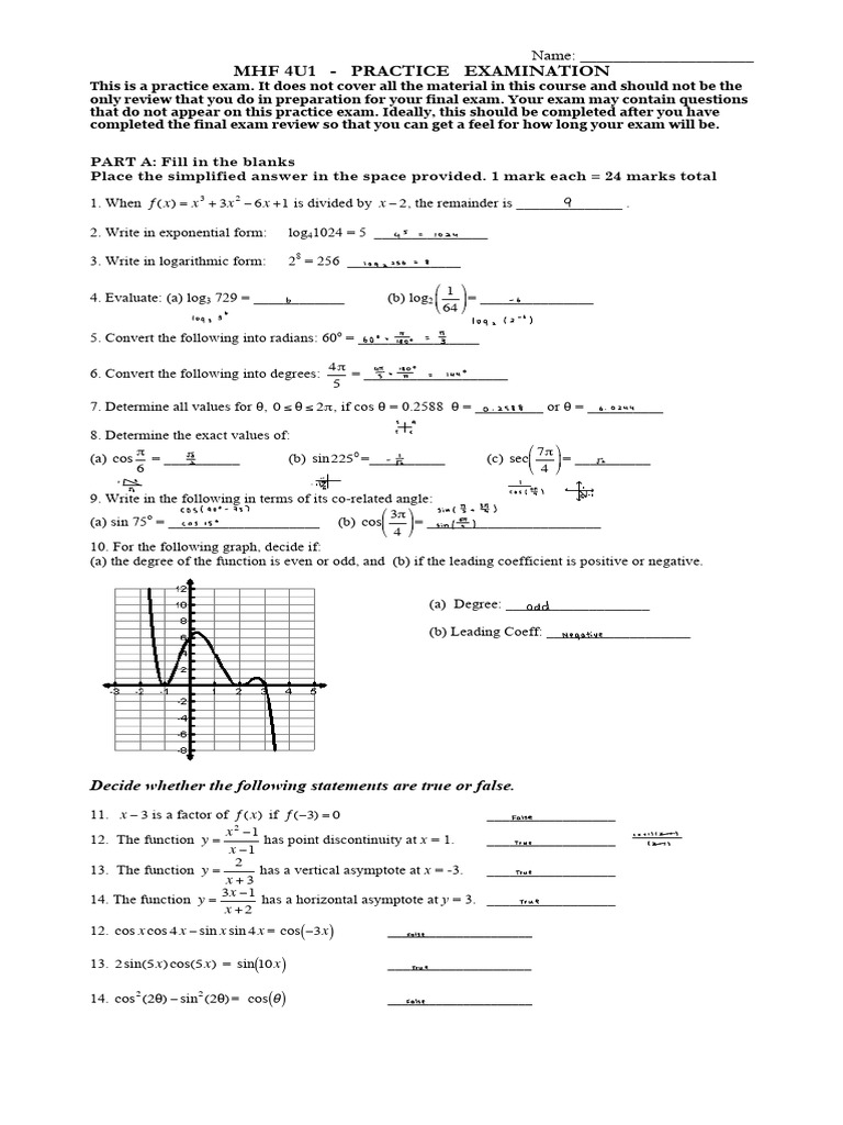 MHF 4u1 Practice Exam Answers | PDF | Mathematical Relations | Mathematical Analysis