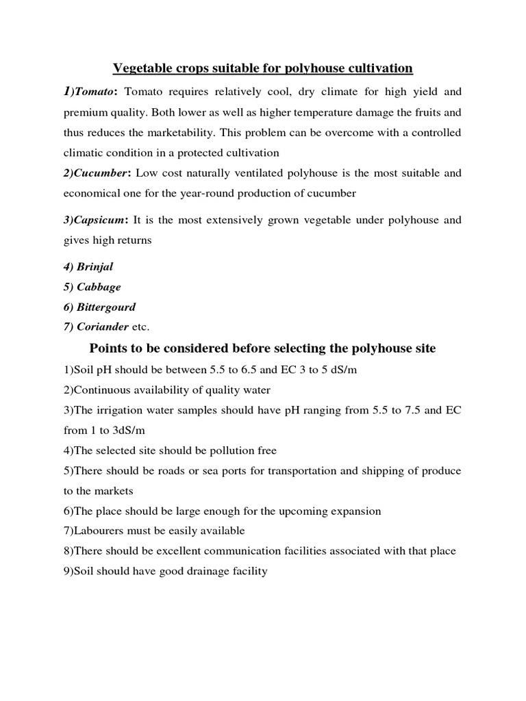 Vegetable Crops Suitable For Polyhouse Cultivation and Subsidies For ...