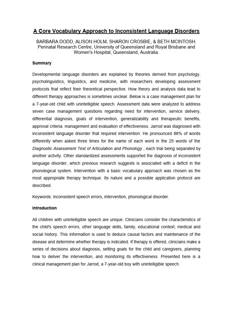 Basic Vocabulary Approach To Inconsistent Language Disorders | PDF ...