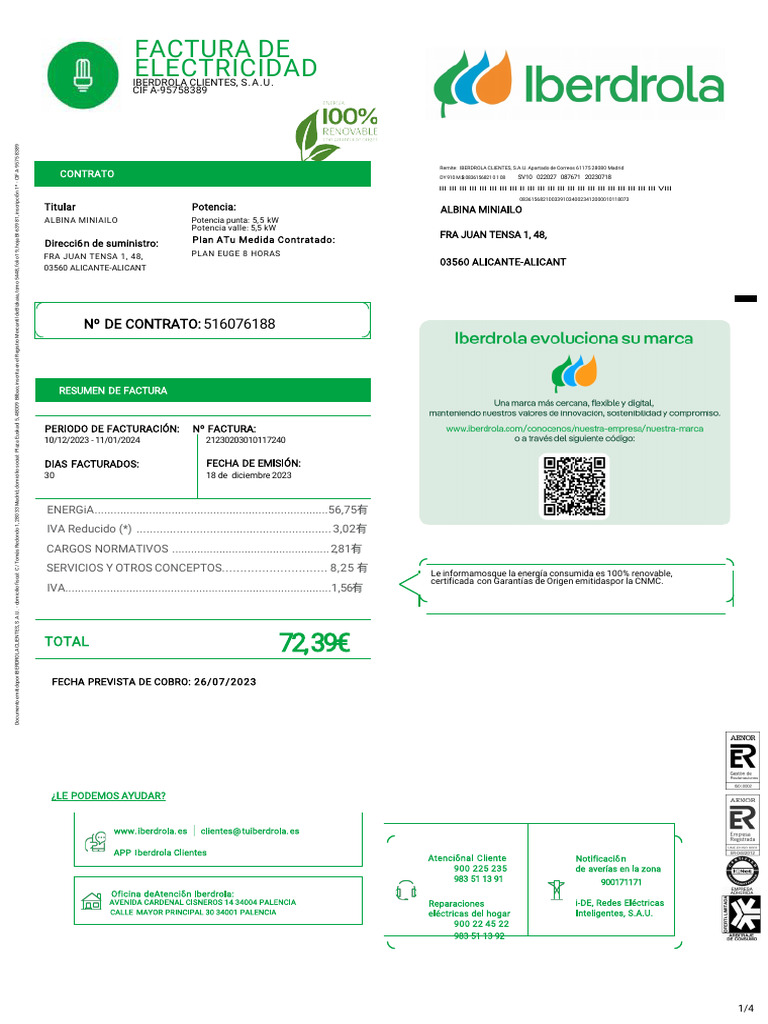 Factura Iberdrola | PDF | Energia electrica | Poder (Física)