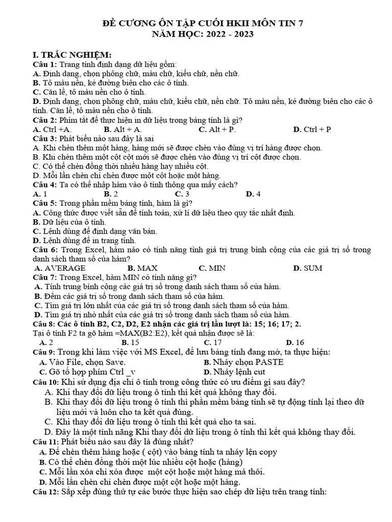 Đề cương ôn tập tin 7 hk2 | PDF