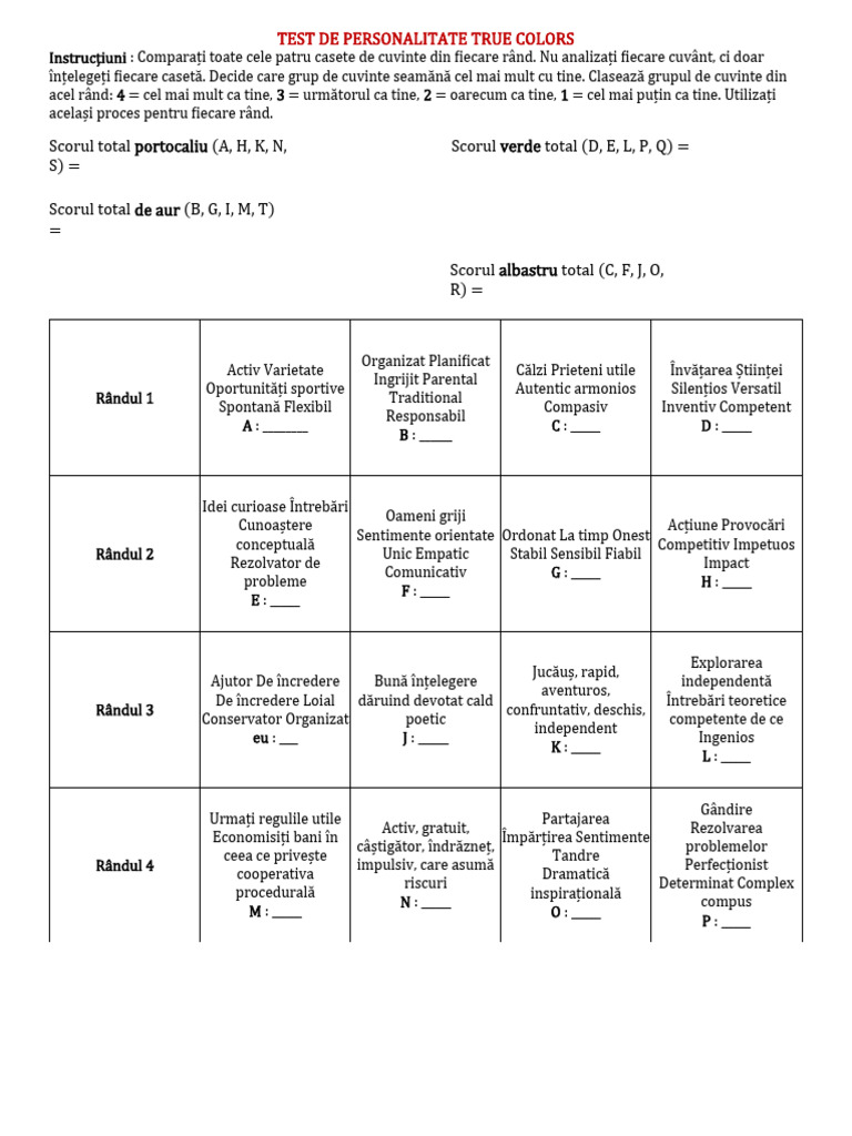 Test de Personalitate True Colors | PDF