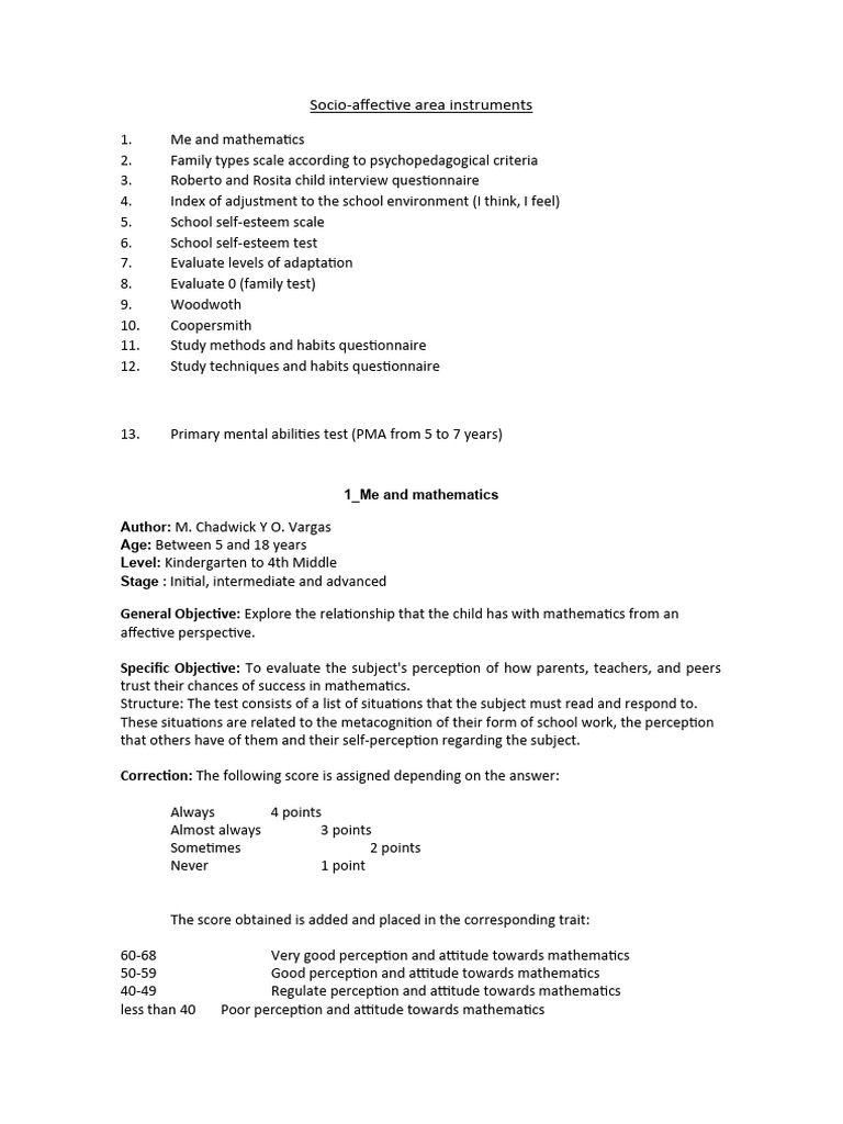 Socio-Affective Area Instruments | PDF | Self Esteem | Attitude ...