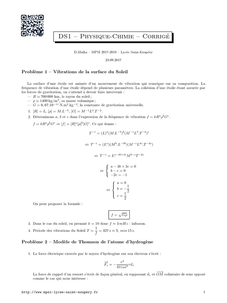 Corrigé MPSI: Physique-Chimie 2017-18 | PDF | Atomes | Grandeur physique