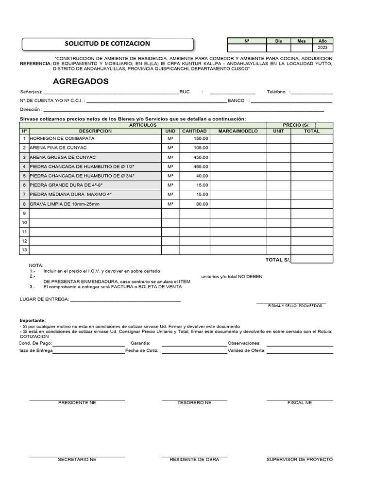 Solicitud de Cotizacion de Insumos | PDF