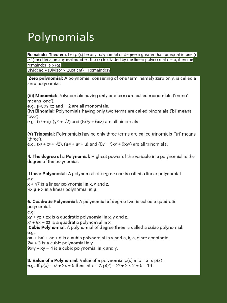 Understanding Polynomials and Their Types | PDF | Polynomial | Zero Of ...