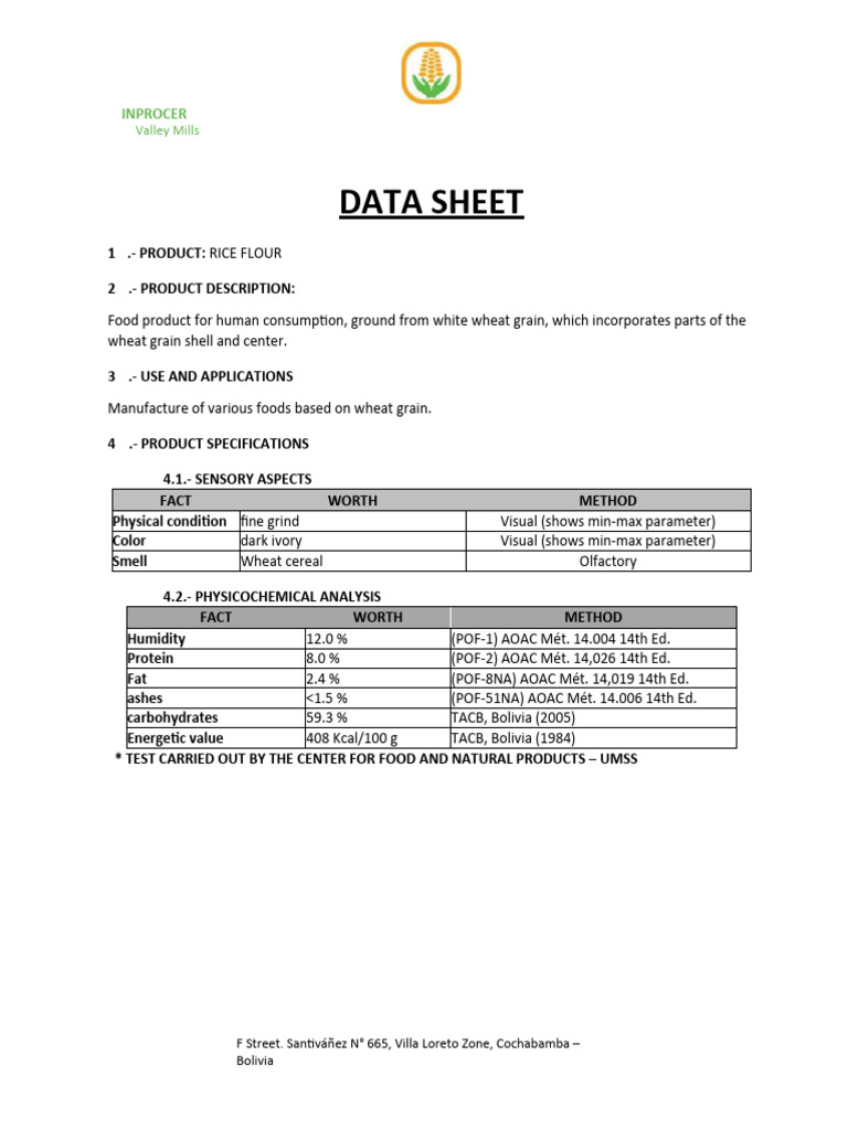 Whole Wheat Flour Technical Sheet | Download Free PDF | Flour | Grain