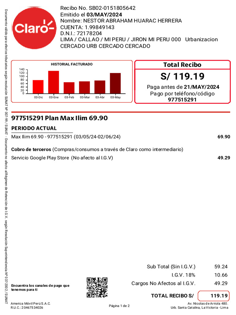 Recibo de Pago Claro: Detalles y Consumos | PDF | Google Play ...