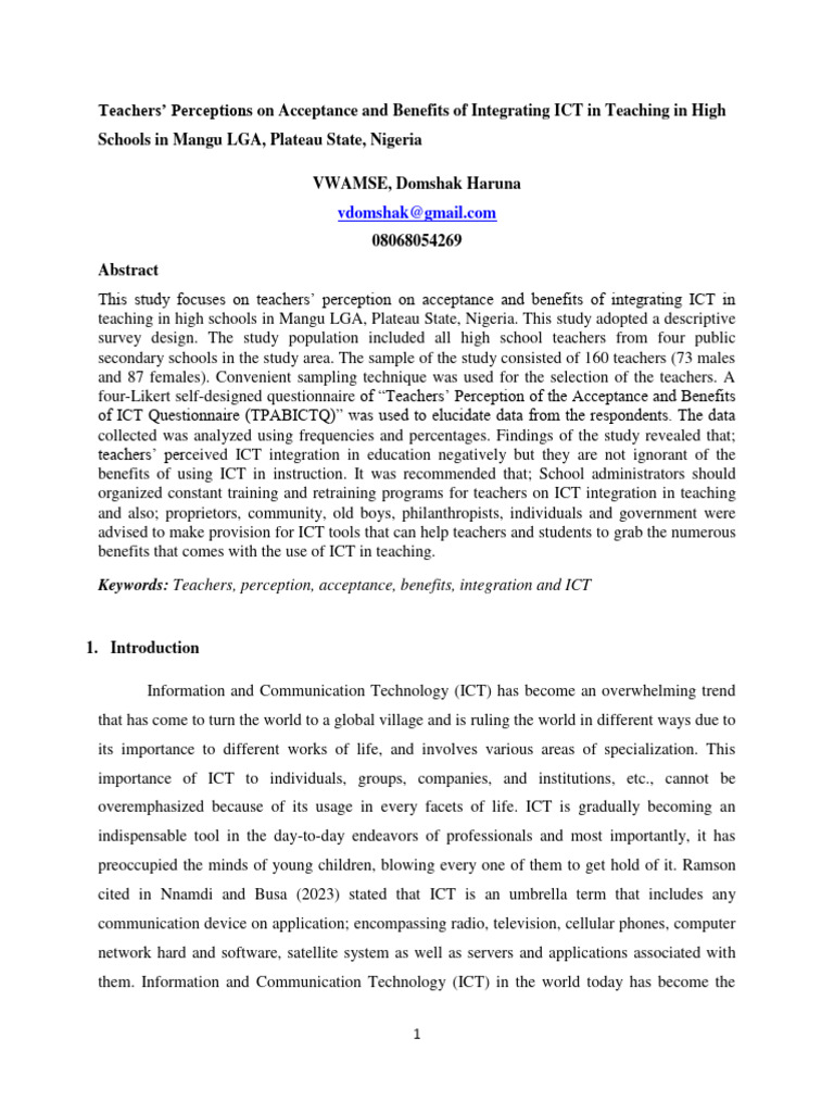 Teachers' Perception On Acceptance and Benefits of Integrating ICT in Teaching in Senior ...