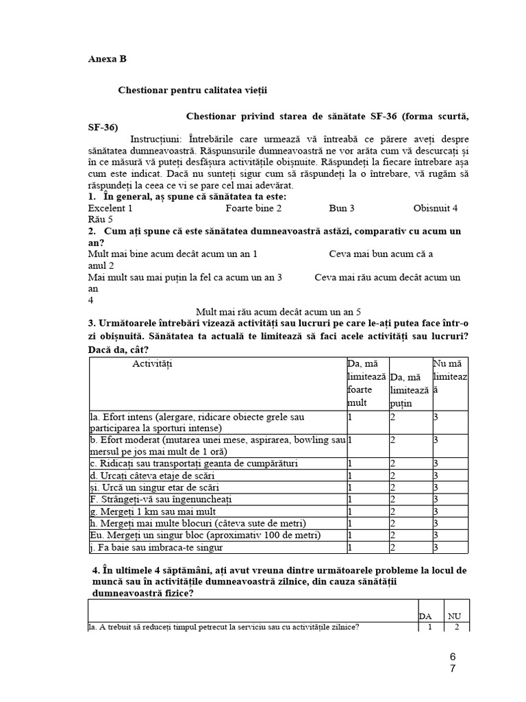 Chestionarul SF 36 Pentru Calitatea Vieții | PDF