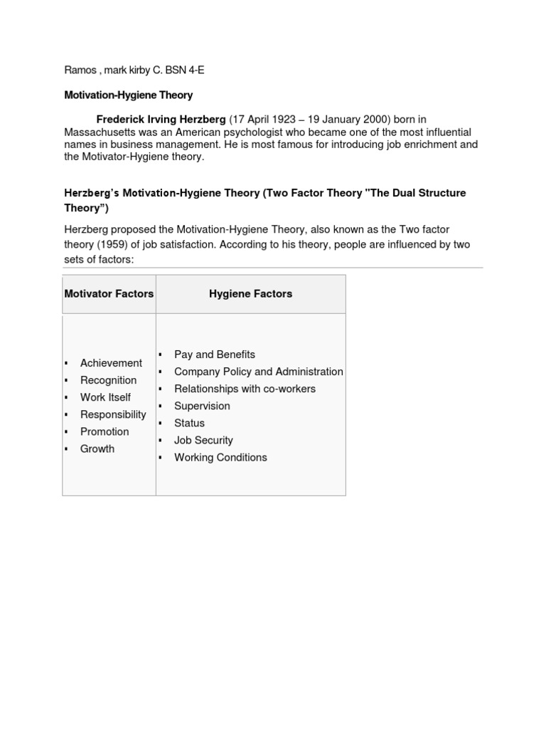 Herzberg's Motivation-Hygiene Theory Explained | PDF
