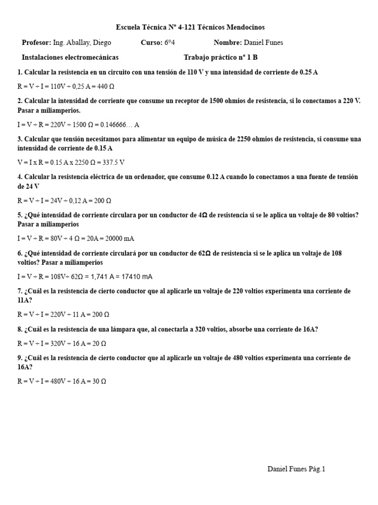 Trabajo Practico de Electricidad | Descargar gratis PDF | Resistencia Eléctrica y Conductancia ...