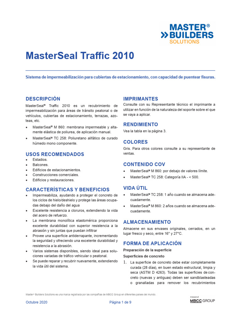 Masterseal Traffic 2010 - Ficha Tecnica | PDF