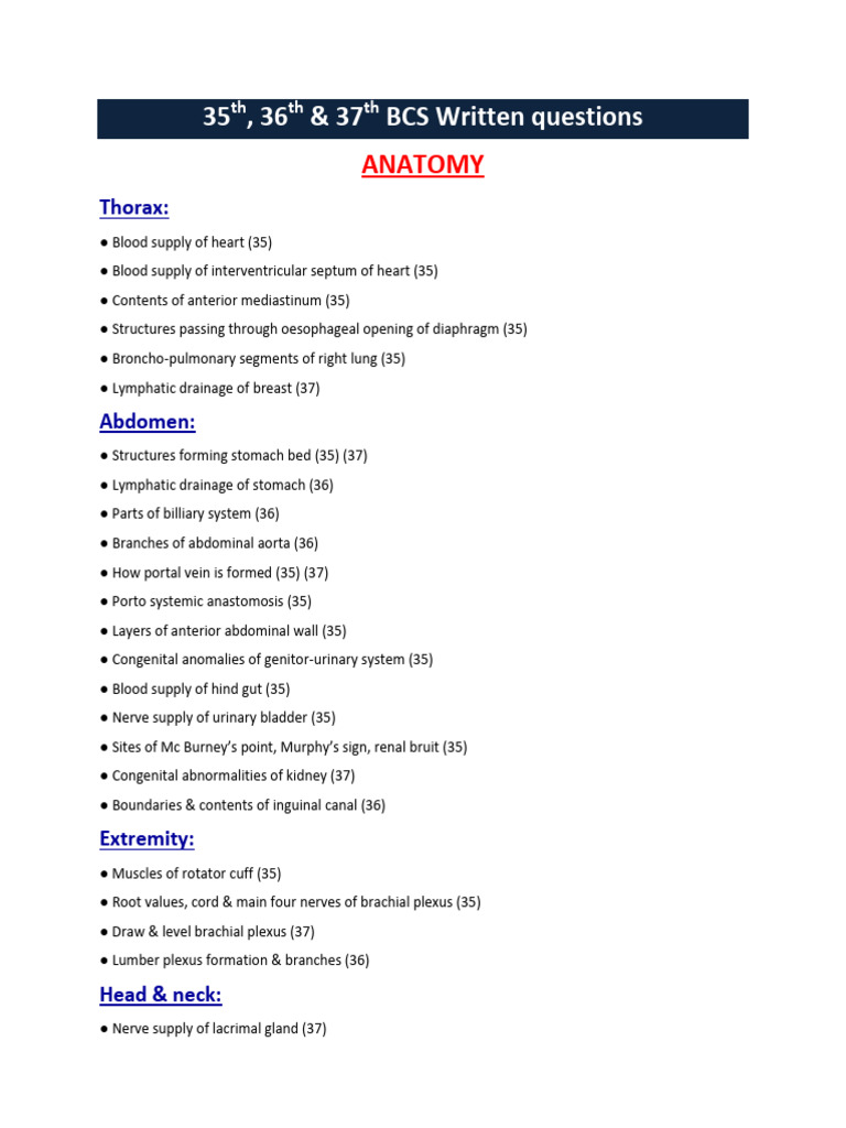 BCS Written Questions 35,36,37 BCS | PDF | Kidney | Abdomen
