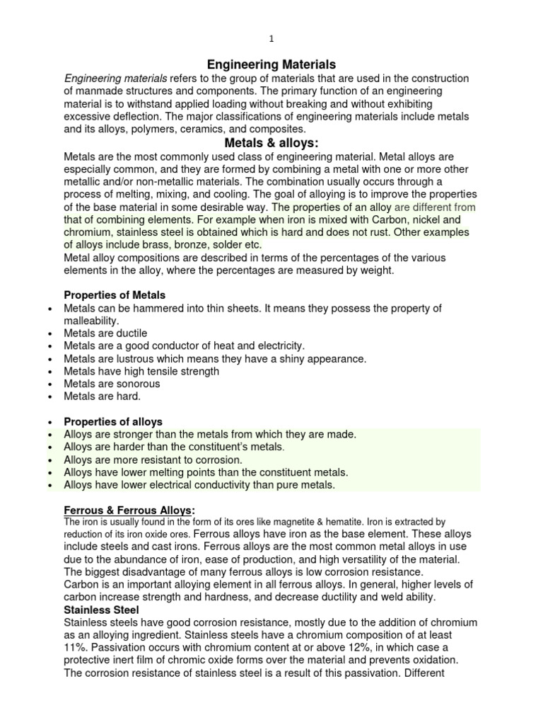 Overview Of Engineering Materials Pdf Cement Alloy