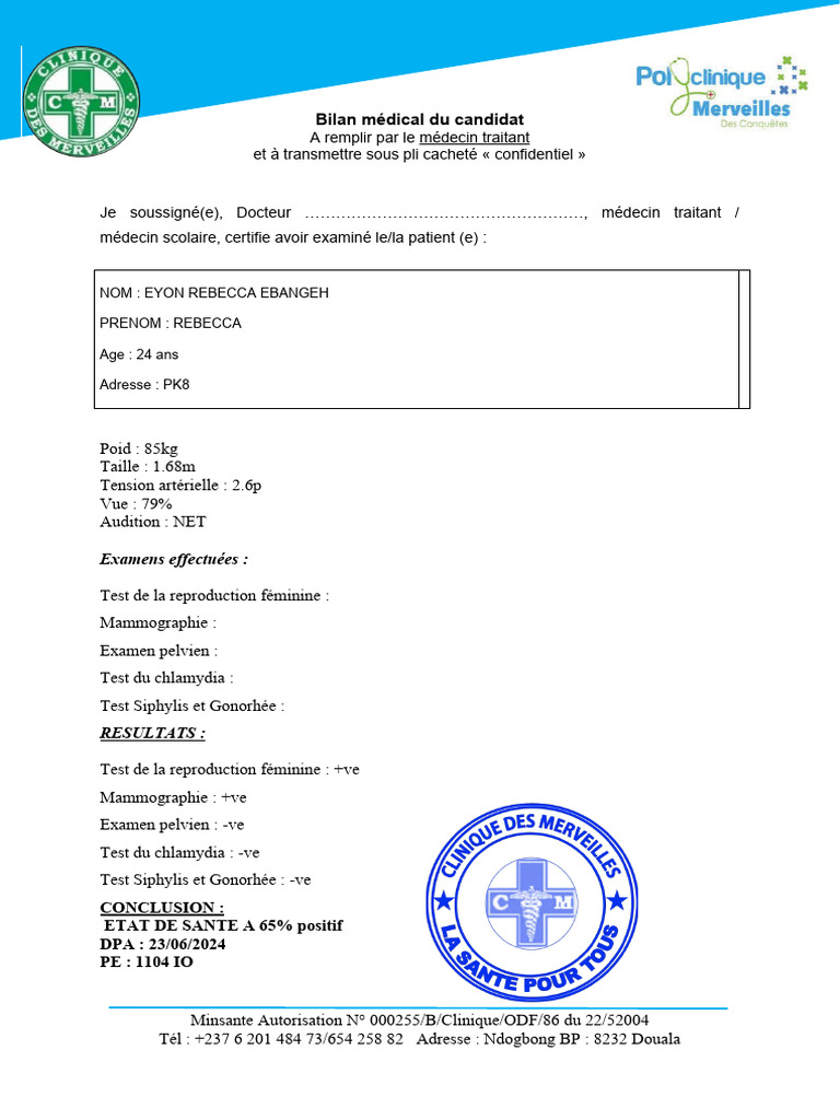 Formulaire Bilan Medical | PDF | Spécialités médicales | Maladies et ...