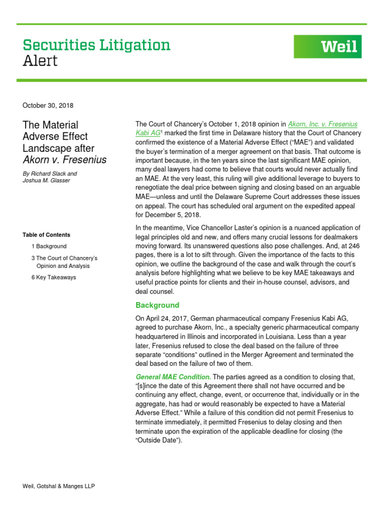 The Material Adverse Effect Landscape After Akorn | PDF | Valuation ...