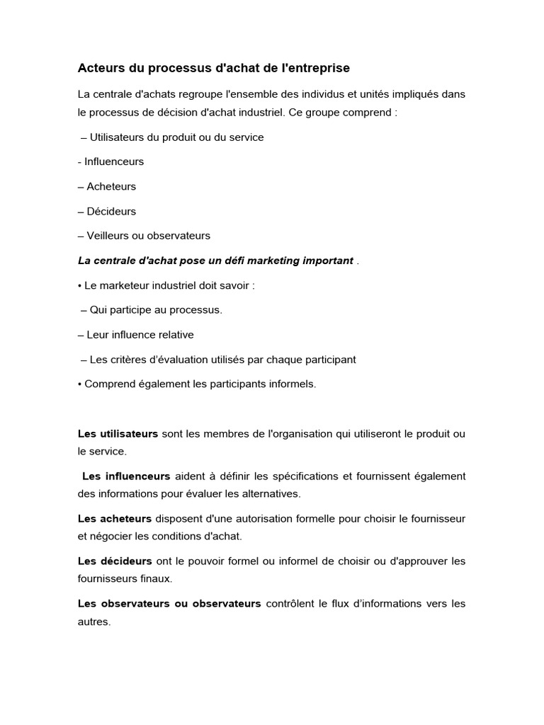 Acteurs clés du processus d'achat industriel | PDF | Business ...