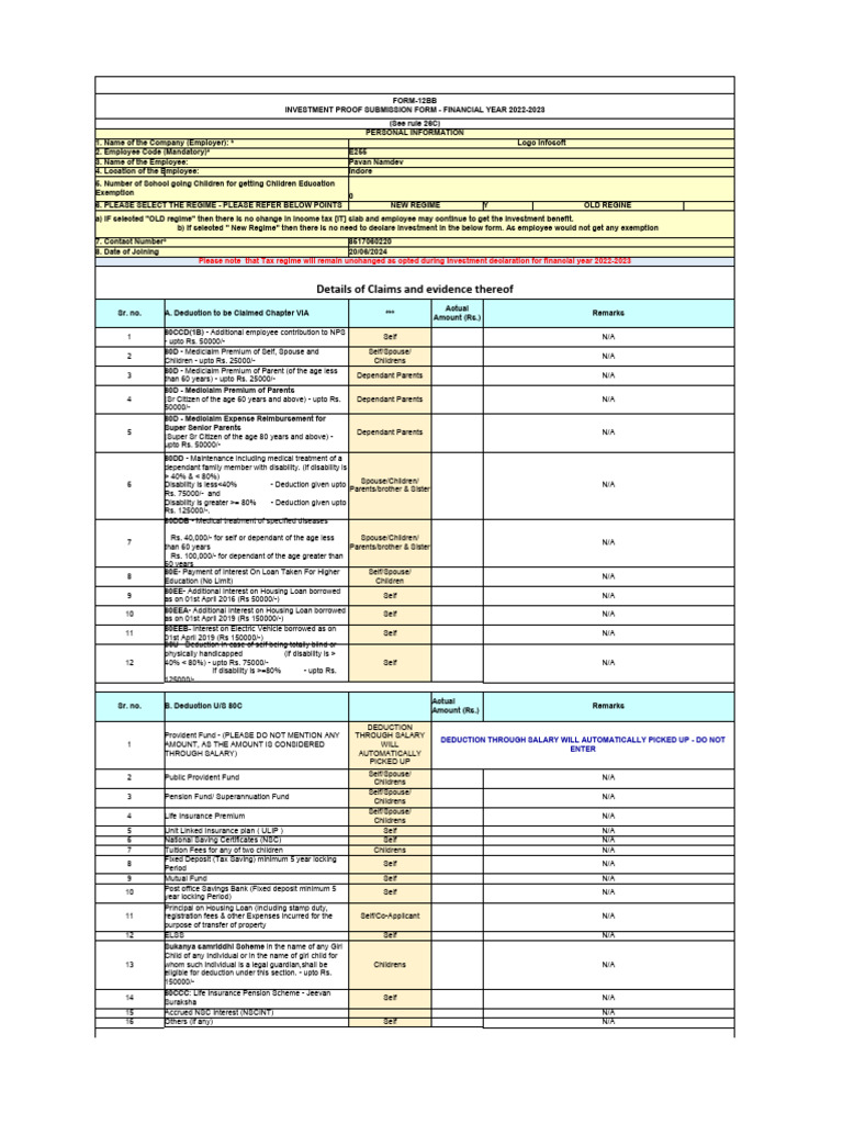 12BB - Investment Declaration Form - 2022-2023 | PDF | Loans | Life ...