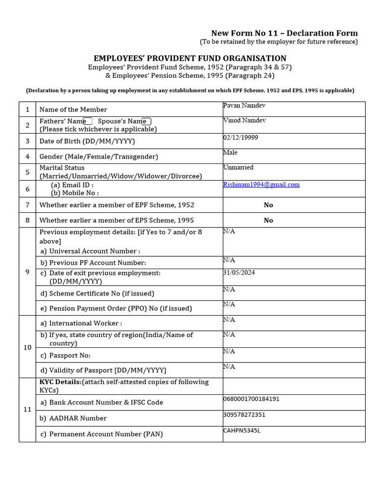 PF Declaration Form No.-11 | PDF | Applications Of Cryptography ...