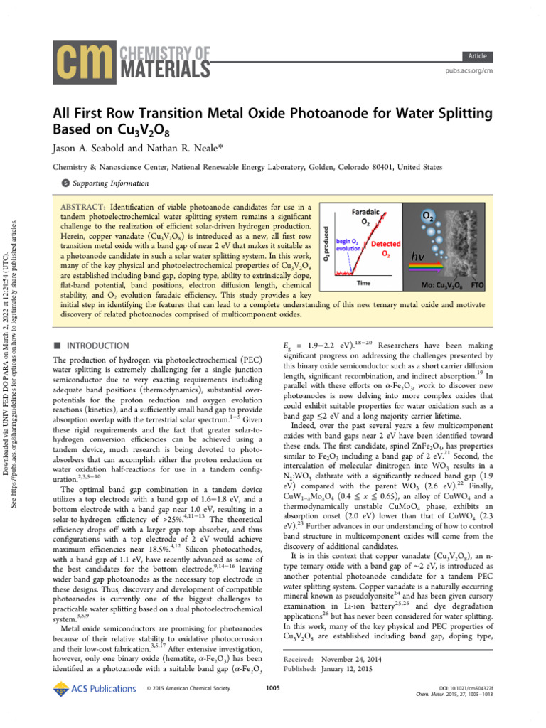All First Row Transition Metal Oxide Photoanode For Water Splitting - Based On Cu3V2O8 | PDF ...