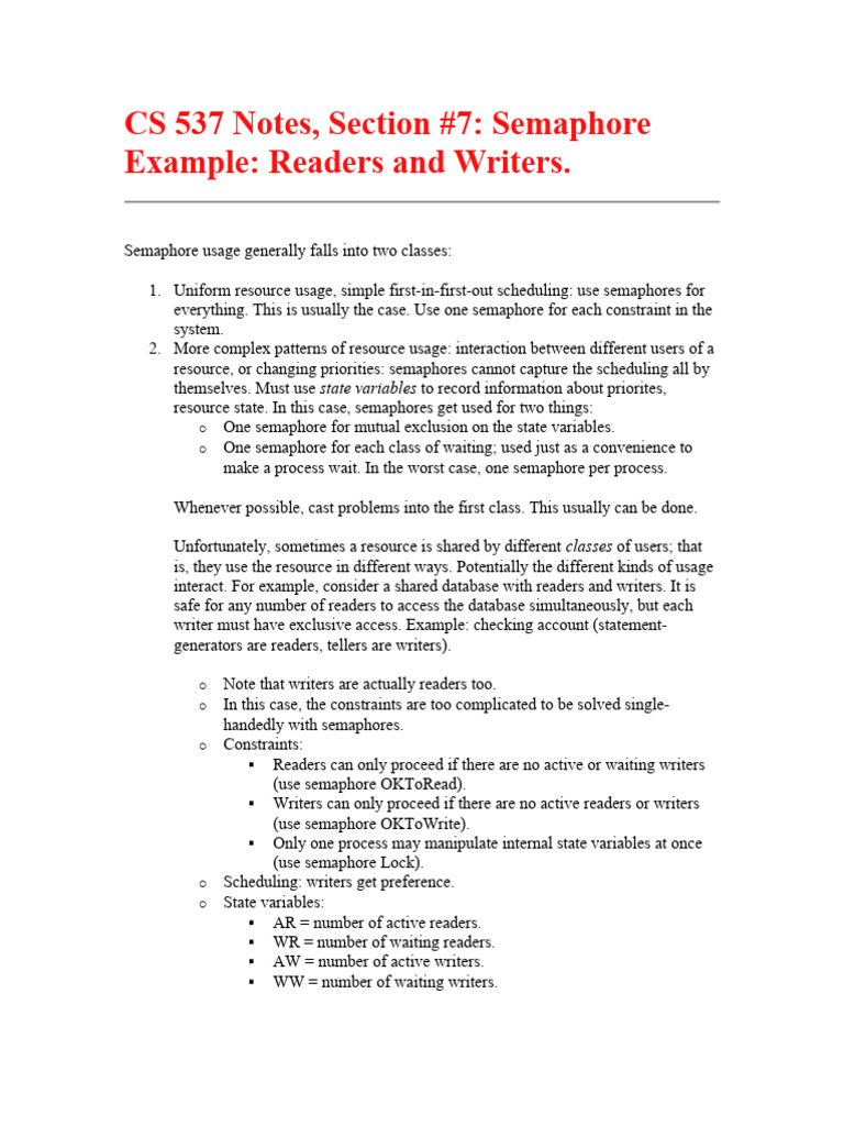 7 Semaphore Example Readers And Writers Pdf Information Technology Concurrency Computer