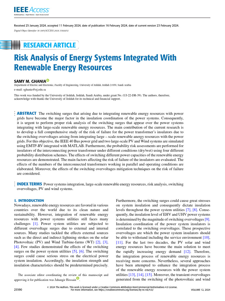 Risk Analysis of Energy Systems Integrated With Renewable Energy ...