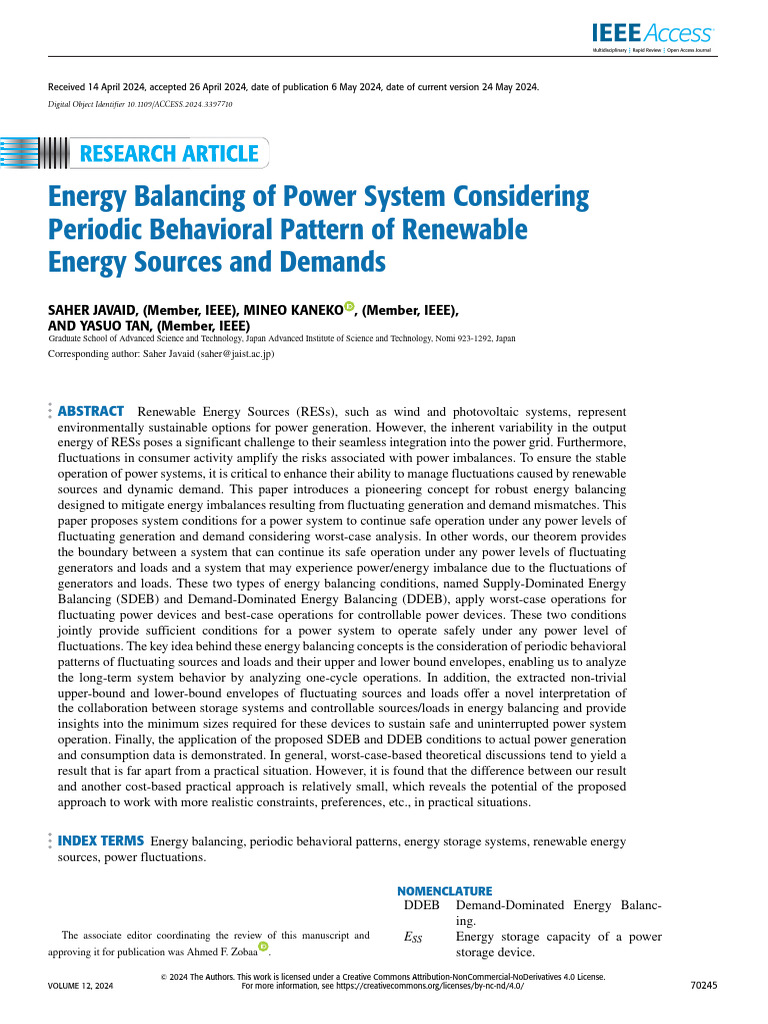Energy Balancing of Power System Considering Periodic Behavioral Pattern of Renewable Energy ...