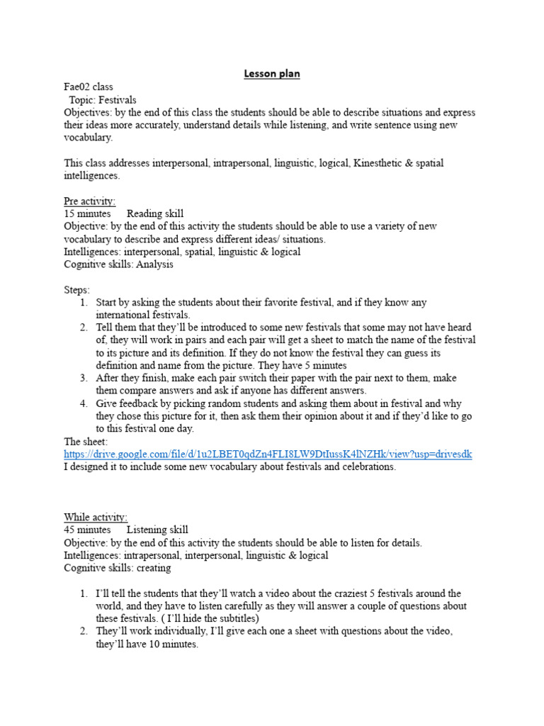 Lesson Plan Festivals | Download Free PDF | Vocabulary | Psychology