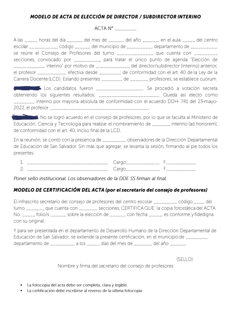 Modelo de Acta de Elección de Director o Sub Director Interino Editado ...