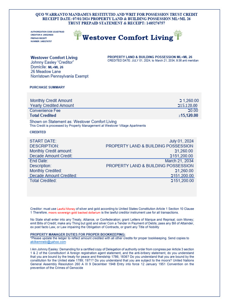 Credited Trust Prepaid Receipt Westover Comfort Living Westover Village ...