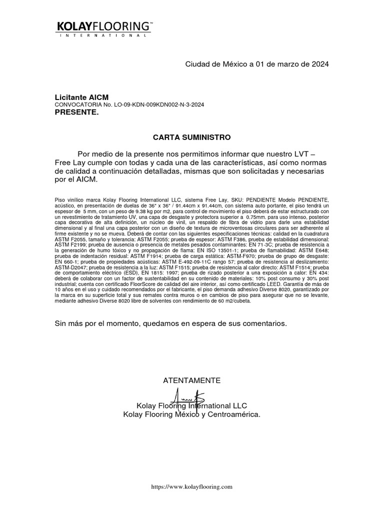Carta Licitante - Kolay Flooring | PDF | Materiales