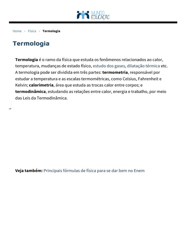 Termologia - o Que É, o Que Estuda, Fórmulas - Mundo Educação | PDF ...