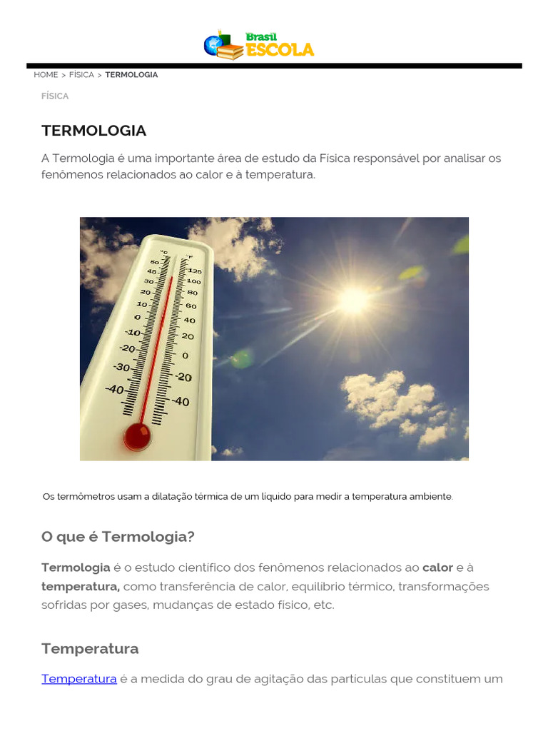 Termologia - Conceitos, Fórmulas e Exercícios - Brasil Escola | PDF ...