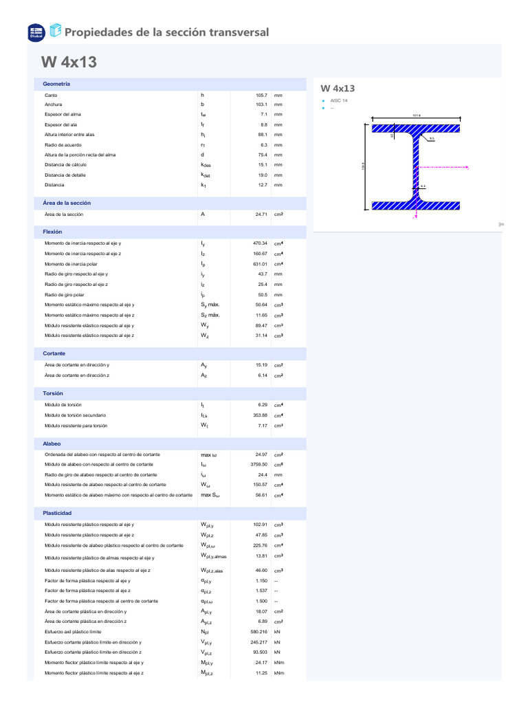 Propiedades de Sección W 4x13 | PDF | Esfuerzo de torsión | Mecánica de ...