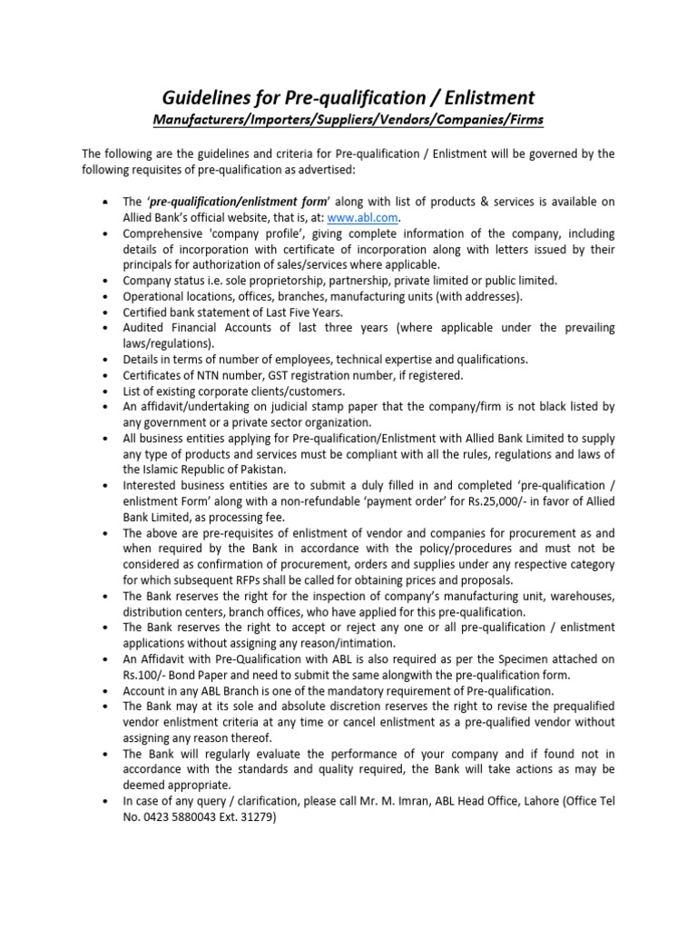 Guidelines Pre Qualification Enlistment | PDF | Affidavit | Banks