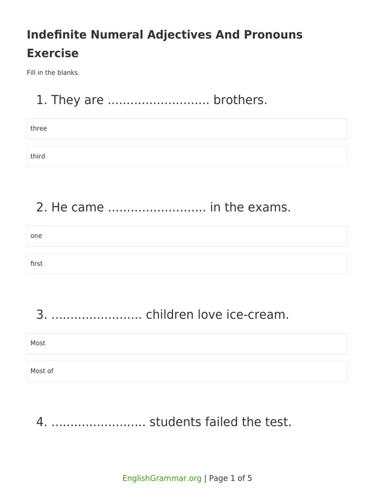 Indefinite Numeral Adjectives and Pronouns Exercise | PDF