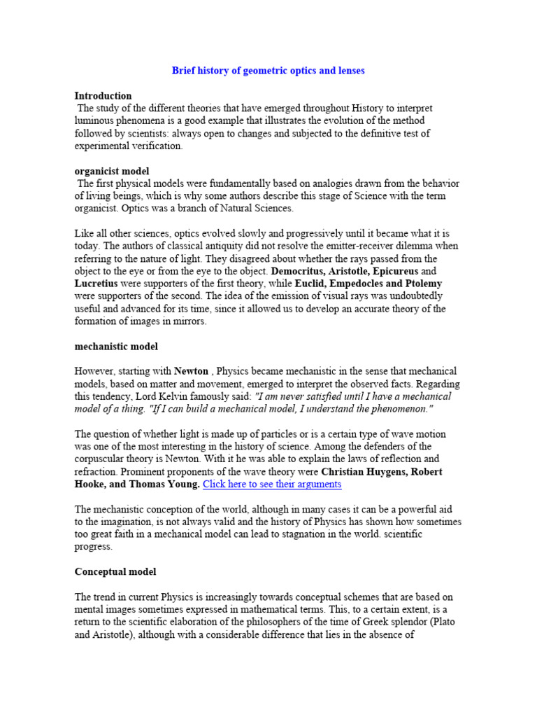 Brief History of Geometric Optics and Lenses | PDF | Optics | Light