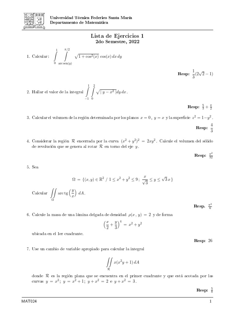 Lista de Ejercicios 1 Mat024 | PDF | Integral | Relaciones matematicas