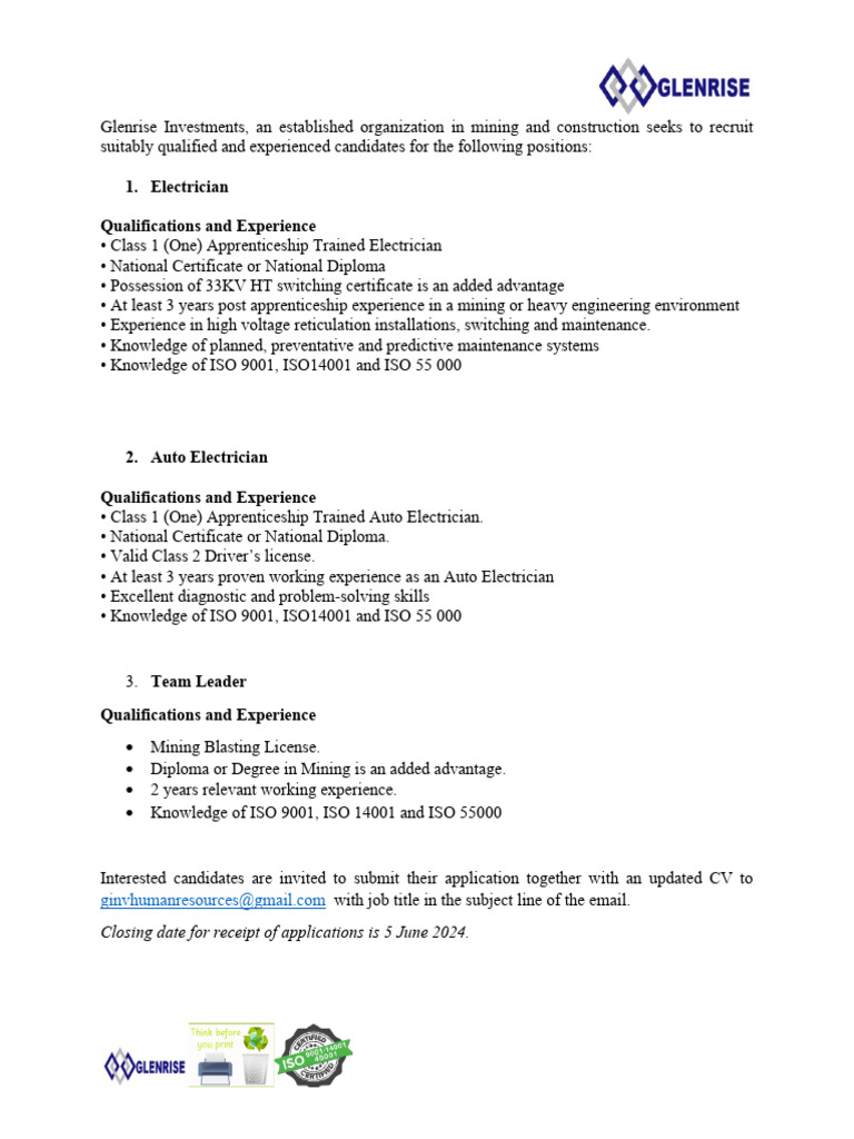 Glenrise Investments Job Openings | PDF | Business | Computers