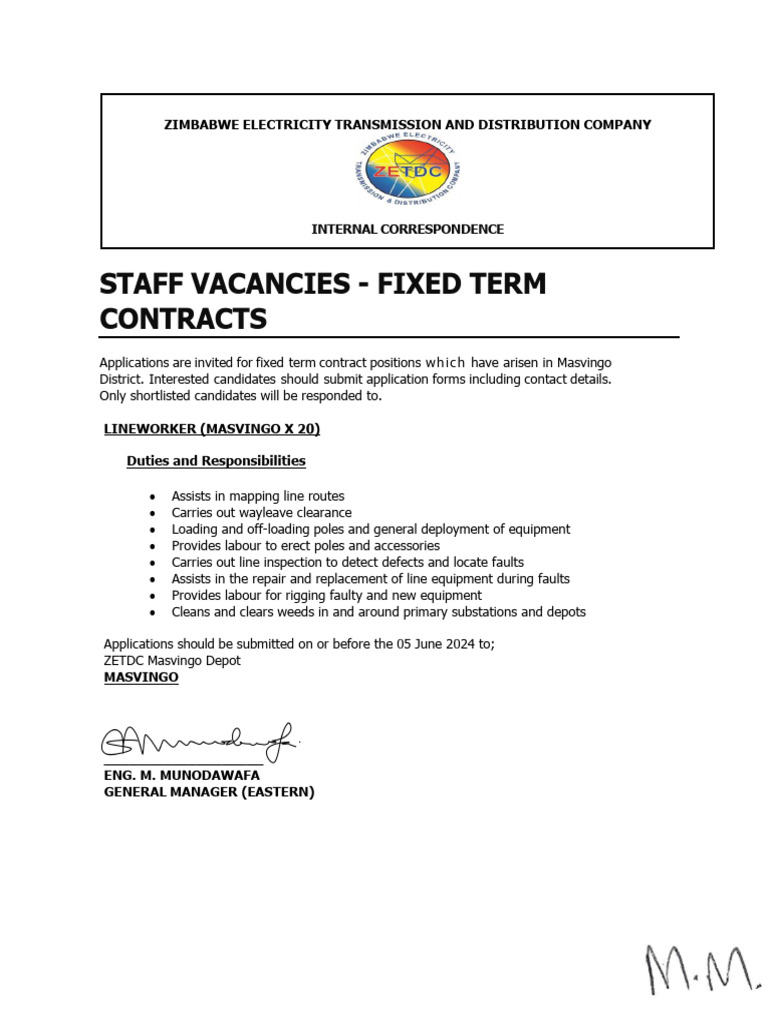 ZETDC Masvingo Staff Vacancies 2024 | PDF | Electrical Substation ...