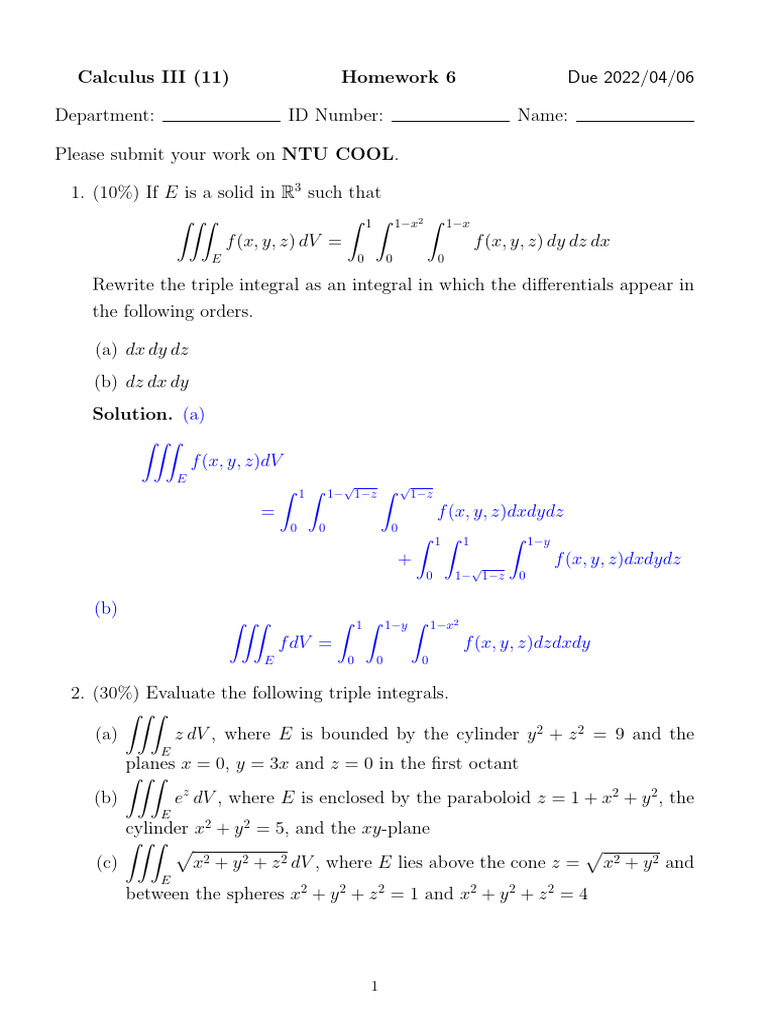110calculus3 Hw6 Sol | PDF | Integral | Mathematical Objects